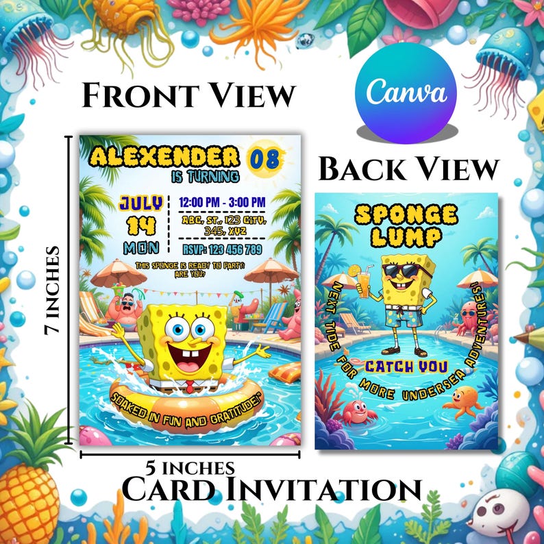 Editable Spongebob Pool Party Invitation | Printable Kids Birthday Card ...