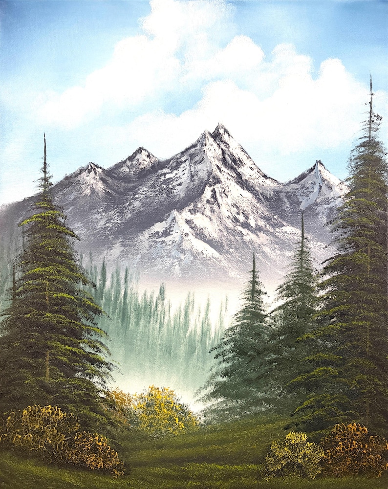Original Mountain Landscape Oil Painting – Snowy Peaks, Rustic Nature ...