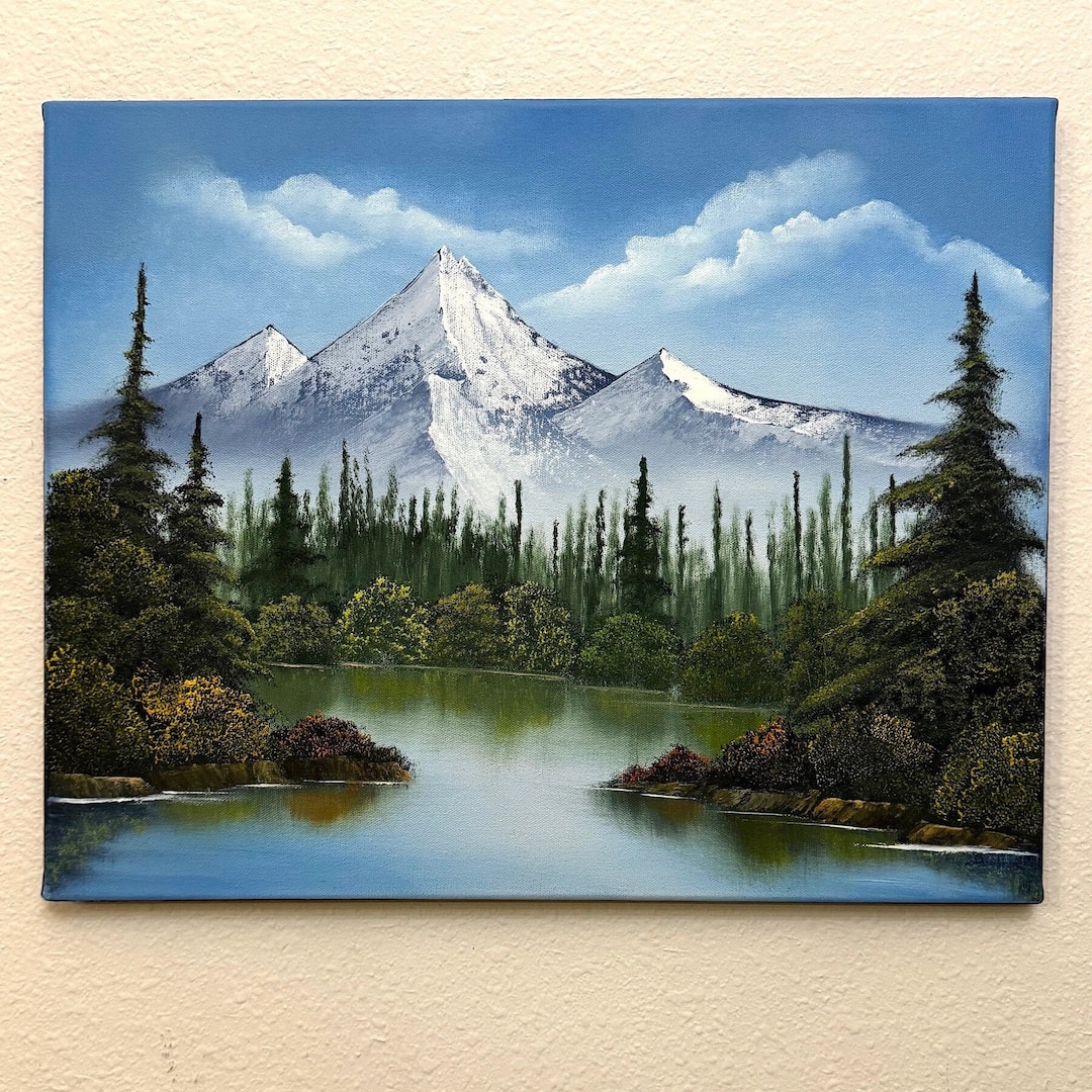 Bob Ross Style Mountain Landscape Oil Painting on Canvas “lakeside ...