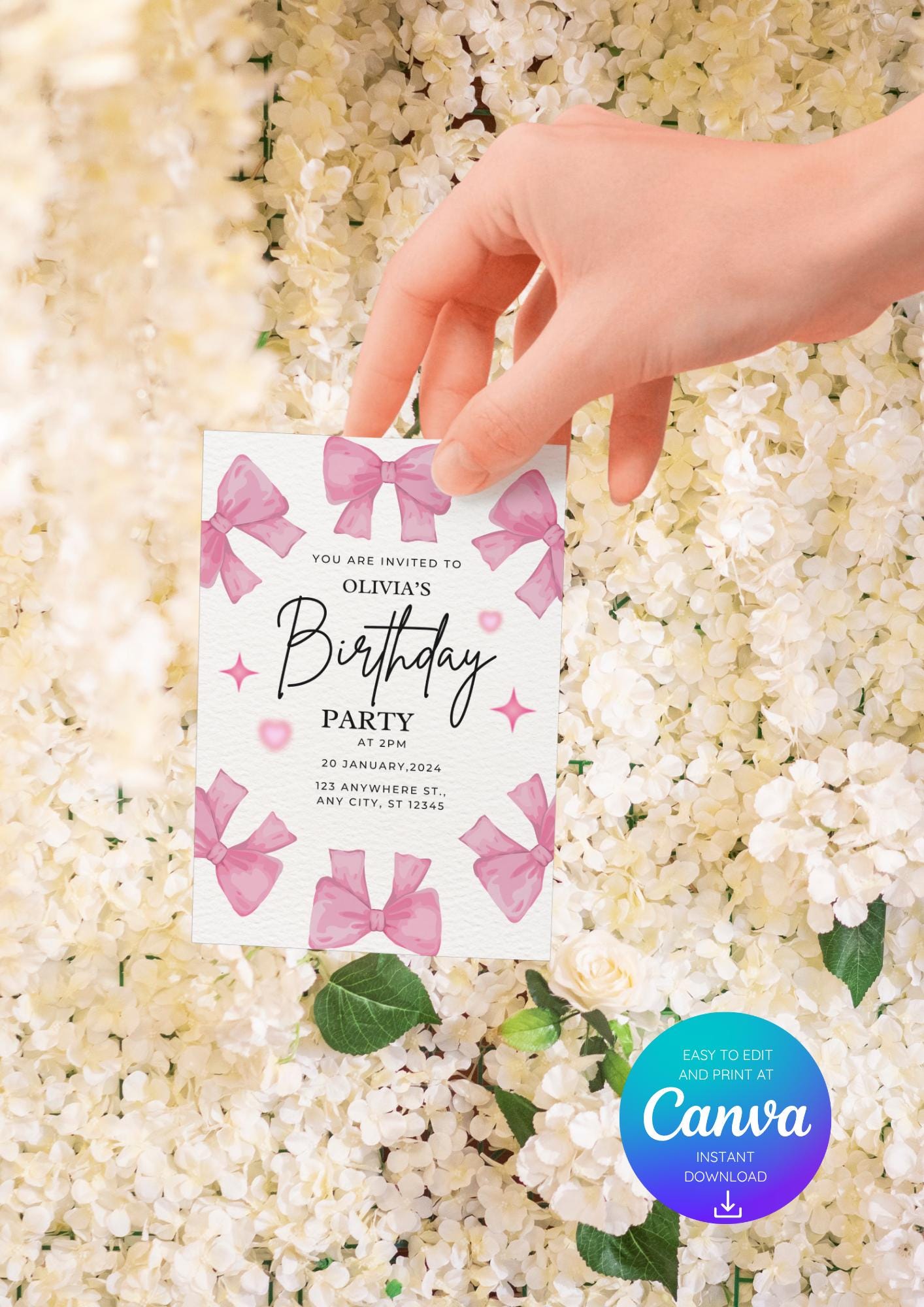Editable Pink Bow Birthday Invitation – Canva Template, Girl’s Party ...