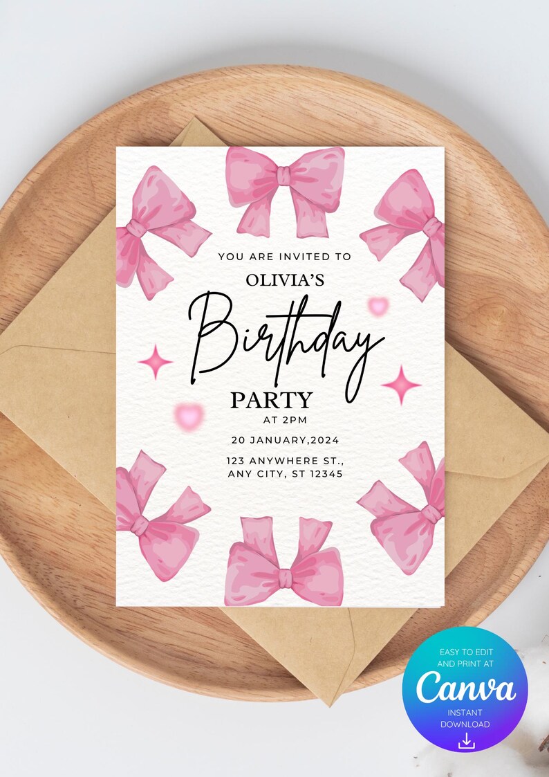Editable Pink Bow Birthday Invitation – Canva Template, Girl’s Party ...