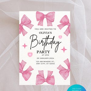 Editable Pink Bow Birthday Invitation – Canva Template, Girl’s Party ...