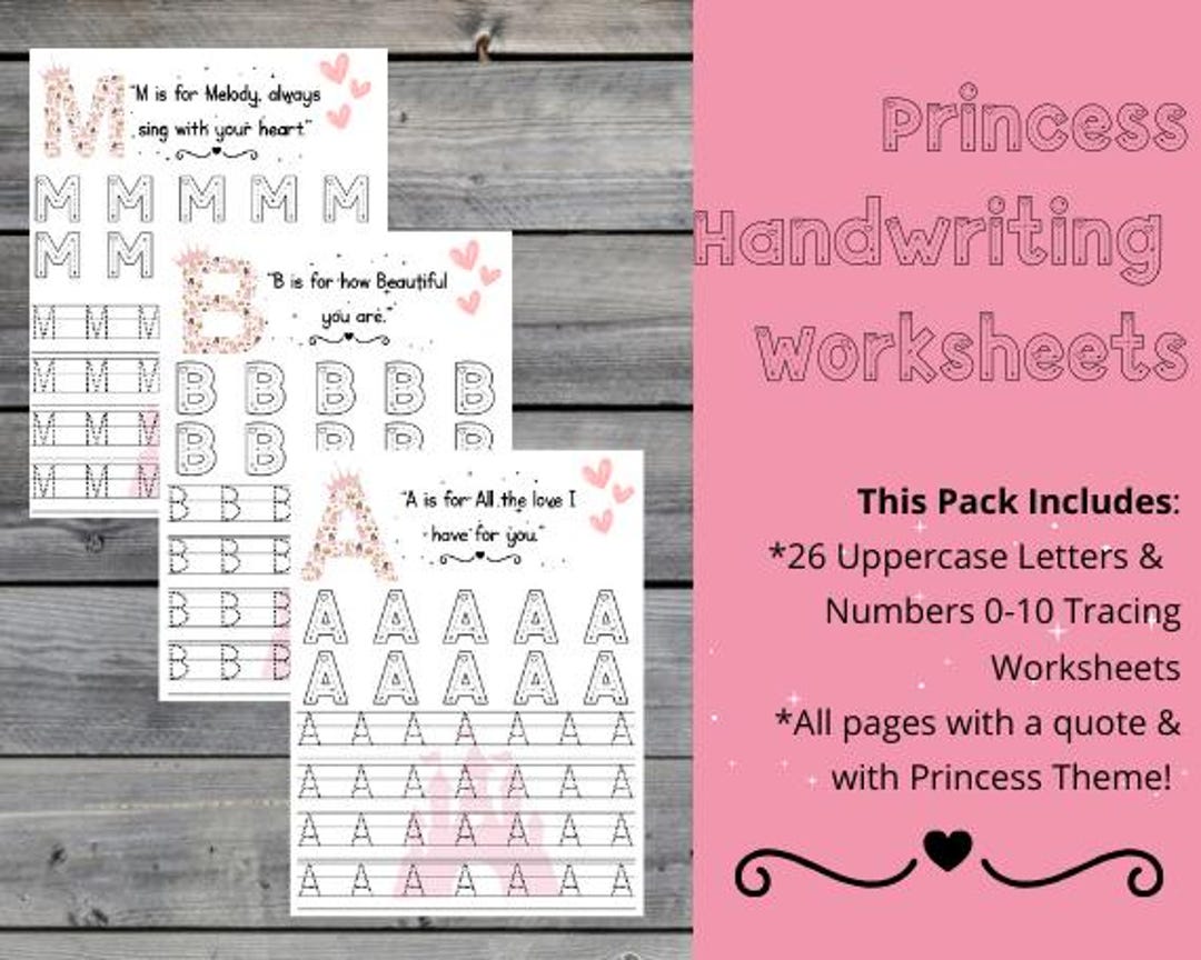 Princess Theme Alphabet Uppercase & Number Tracing Worksheets - Etsy
