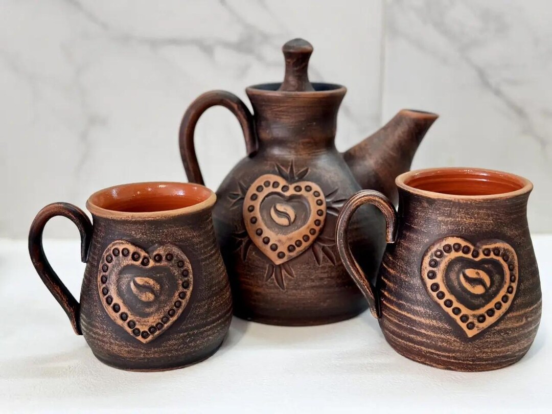 Ukrainian Clay Coffee Set – Handmade Pottery With Heart Design – 3 ...