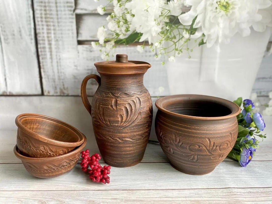 Clay Pitcher & Bowl Set "cossack" | Rustic Breakfast Service for 2 ...