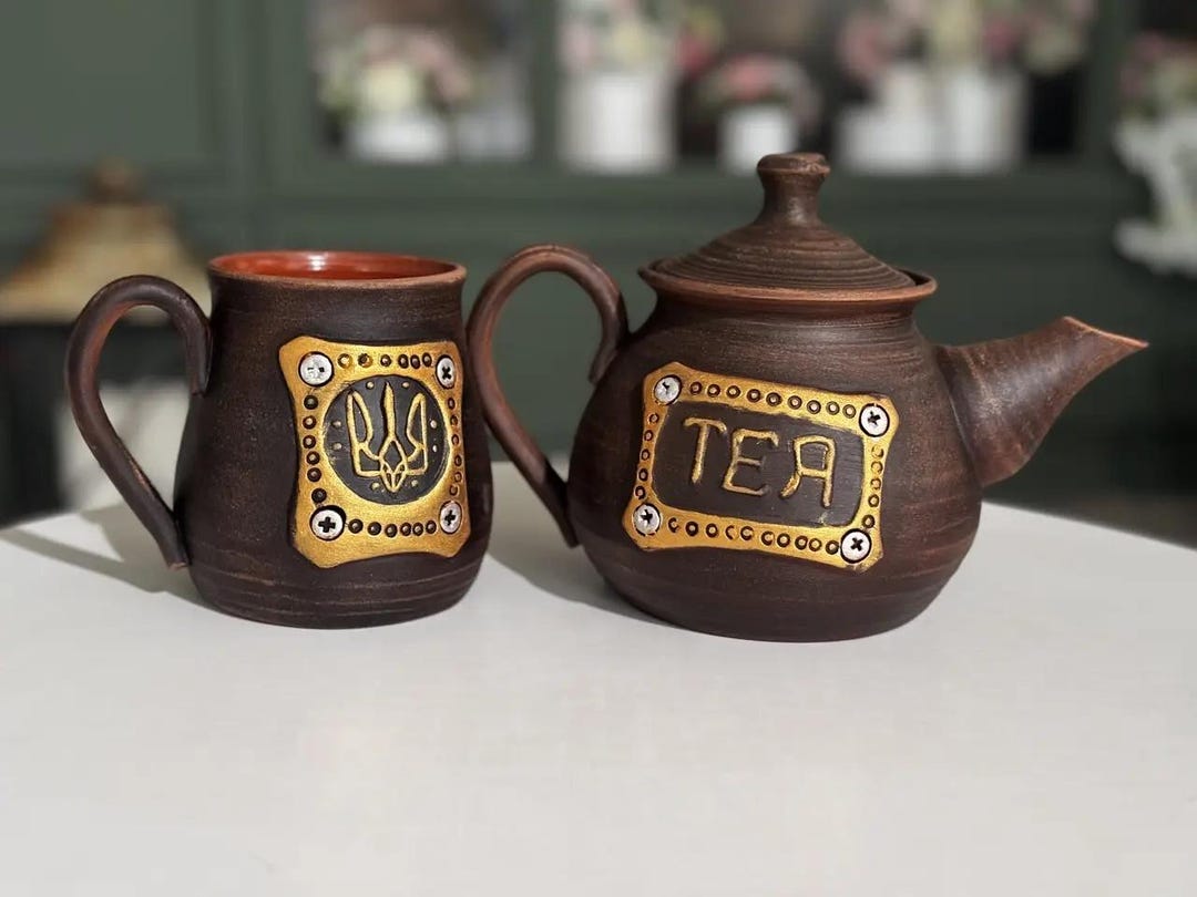 Ukrainian Tea Set With Trident Emblem | Handmade Clay Teapot 1L & Mug ...