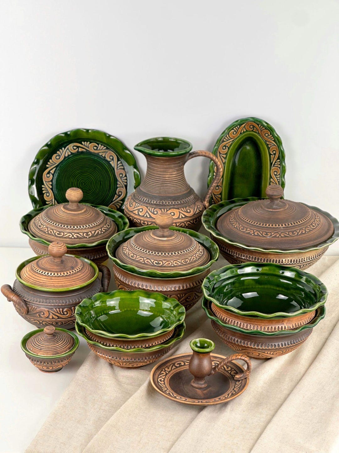 Handmade Emerald Dinnerware Set for 12 | Wavy-rim Luxury Earthenware ...