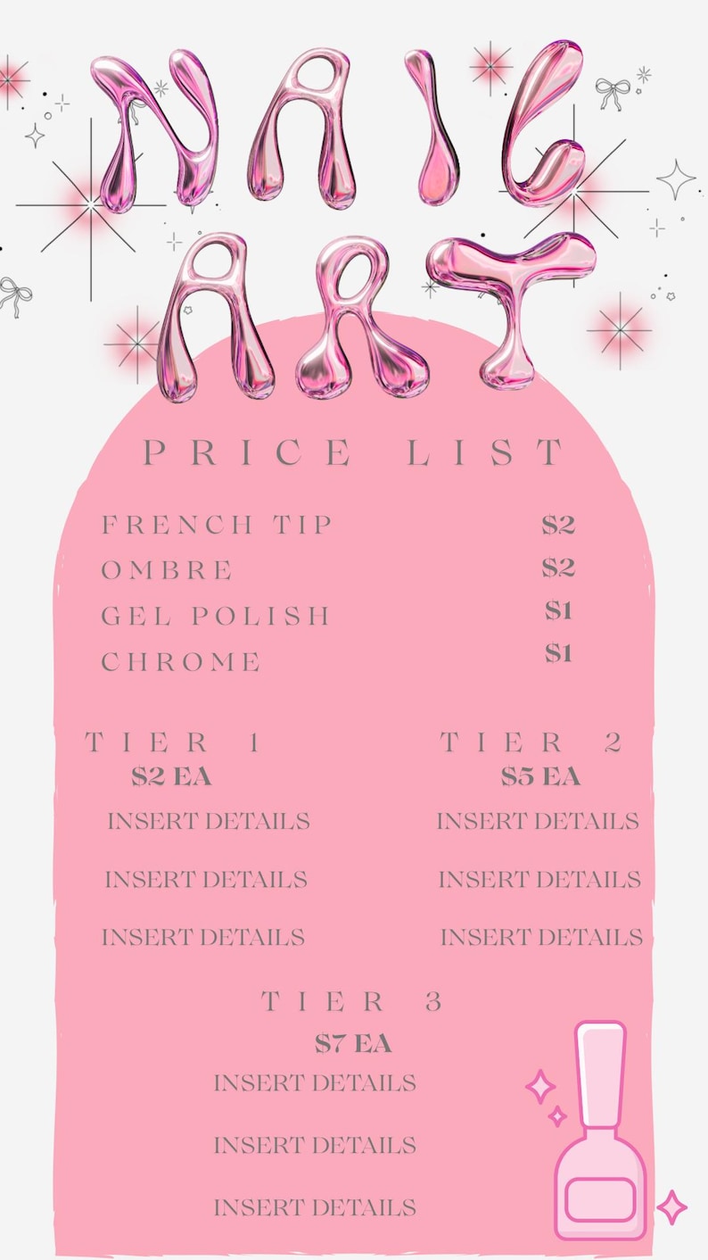 Nail Salon Price List - Manicure Menu - Nail Technician Pricing Sheet ...