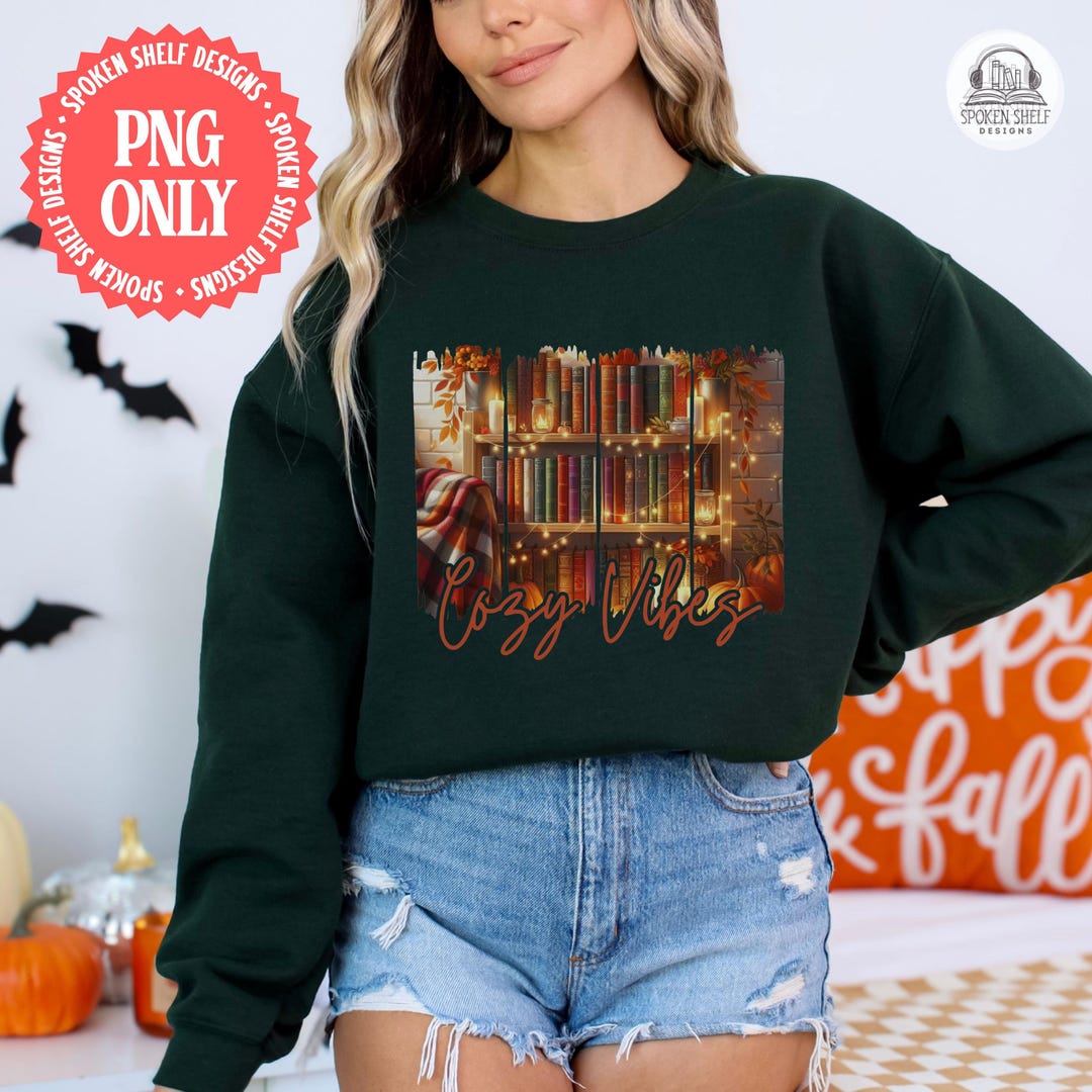 Cozy Vibes Reading PNG | Fall Bookshelf Art Digital Download - Etsy