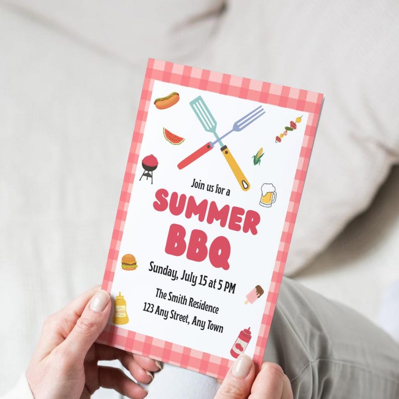Editable Red Summer BBQ Invitation | Red Gingham Picnic 5x7 Canva ...