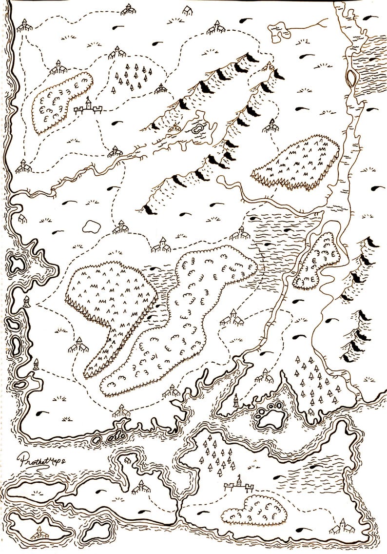 Hand Drawn Fantasy Map, Personalized Cartography Art, A4 - Etsy