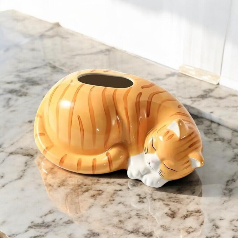 Ceramic Cat Tissue Box – Orange Cartoon Paper Towel Holder, Cute Desk ...