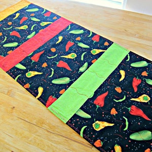 Quilted Table Runner, Chili Peppers, Black Table Runner, Food Fabric ...