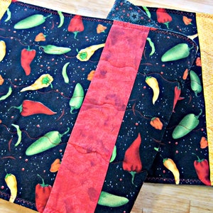 Quilted Table Runner, Chili Peppers, Black Table Runner, Food Fabric ...