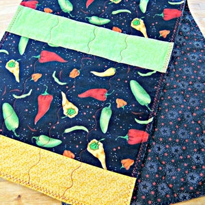 Quilted Table Runner, Chili Peppers, Black Table Runner, Food Fabric ...