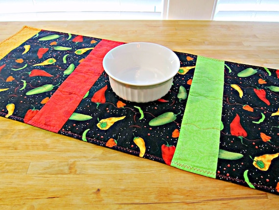 Quilted Table Runner Chili Peppers Black Table Runner Food - Etsy
