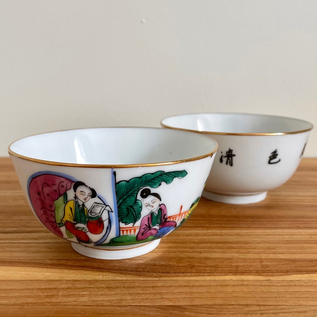 Vintage Hong Kong Porcelain Rice Bowls: Hand-painted Gold Rimmed ...