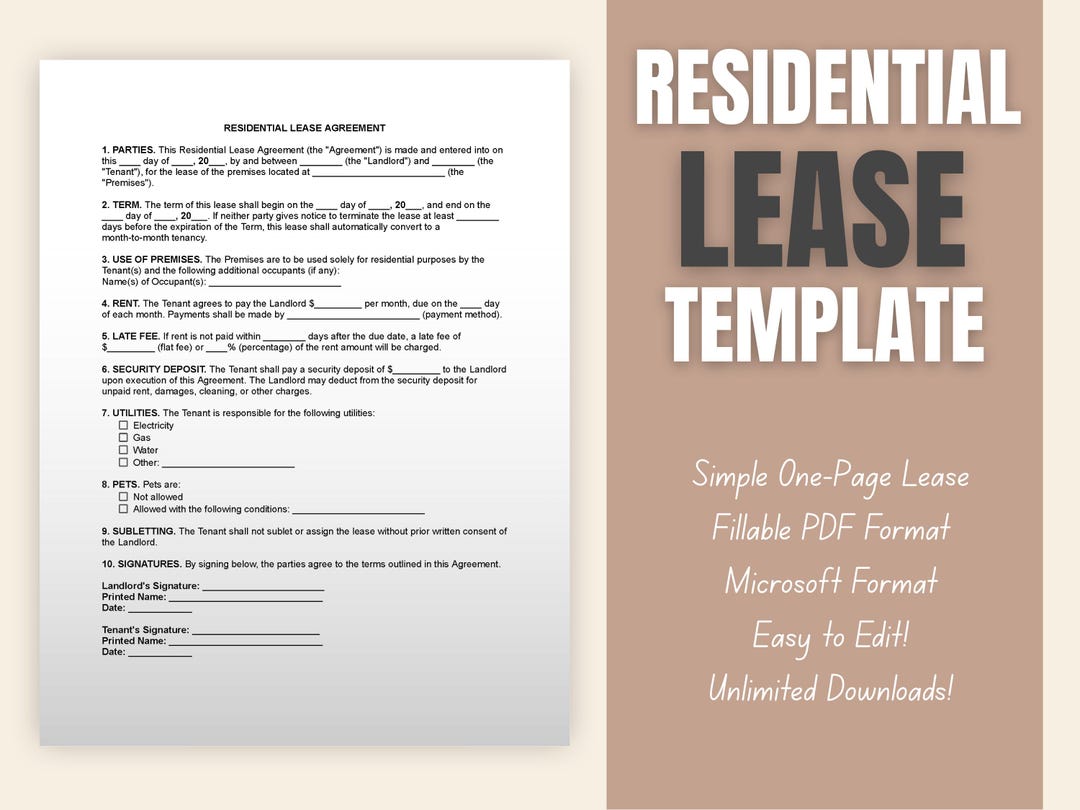 Simple Lease One Page | Rental Agreement Template | Residential | PDF ...