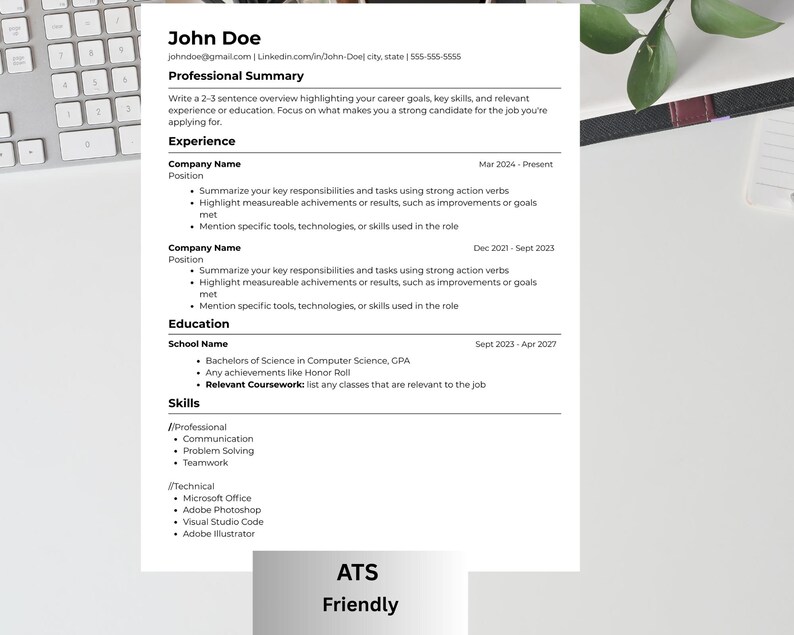 ATS Friendly Resume Template Word and Google Docs, Simple Minimalistic ...