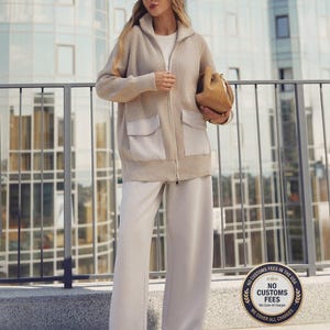 Women’s Knitted Beige Suit – 2 Piece Lounge Set | Cotton Casual Outfit ...