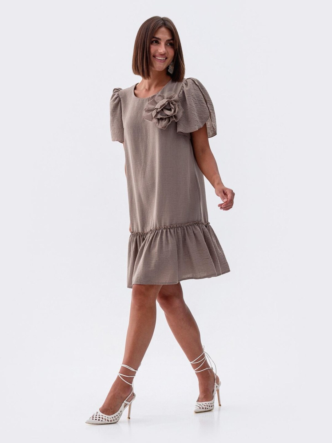 Linen Mini Sundress in Beige, Boho Maternity Dress With Puff Sleeves ...