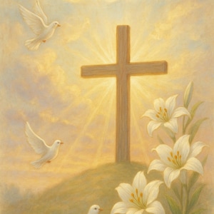 In Loving Memory Mass Card Cover: Cross, Doves & Lilies (digital ...
