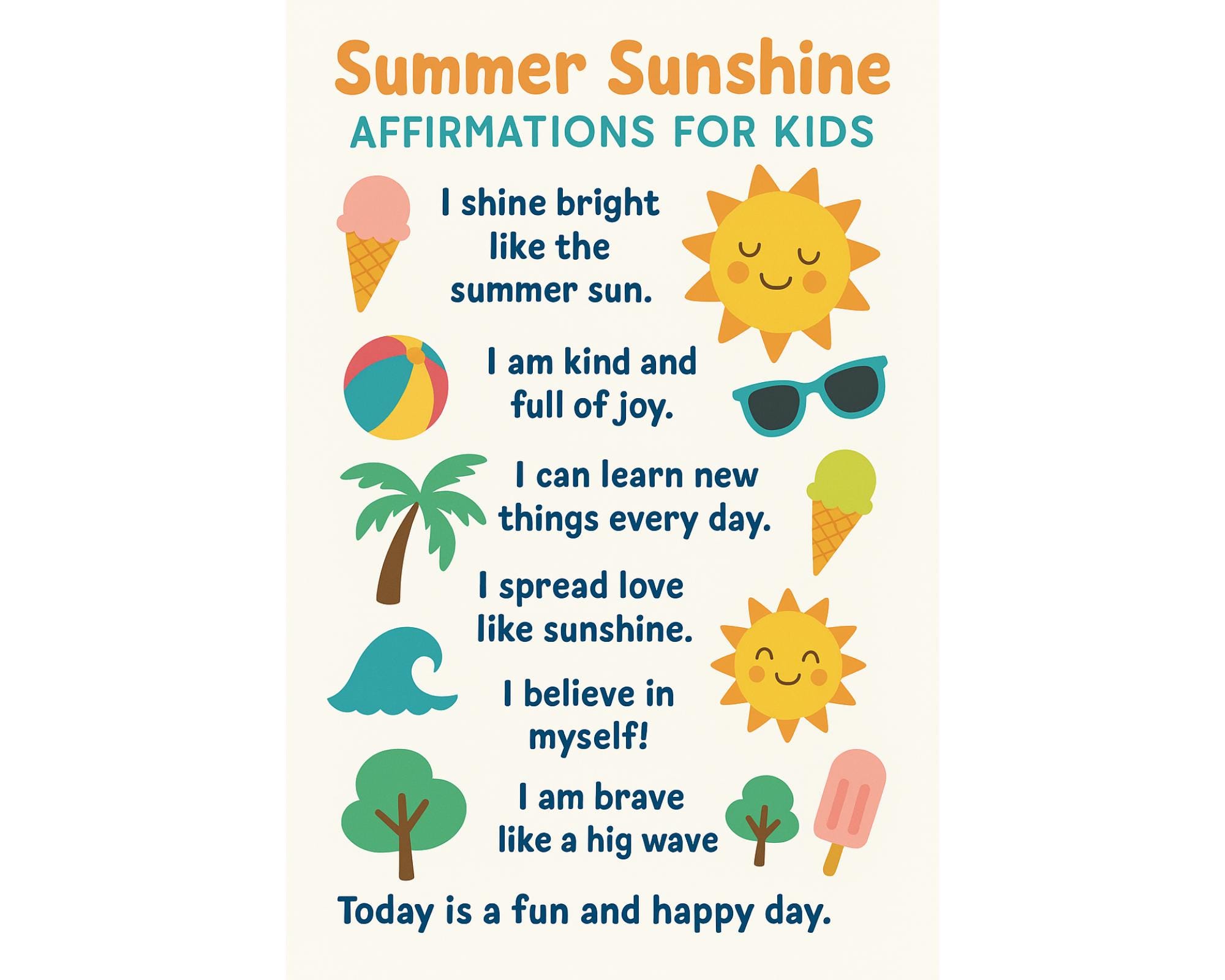 Summer Affirmations for Kids – Printable Positive Mindset Poster ...