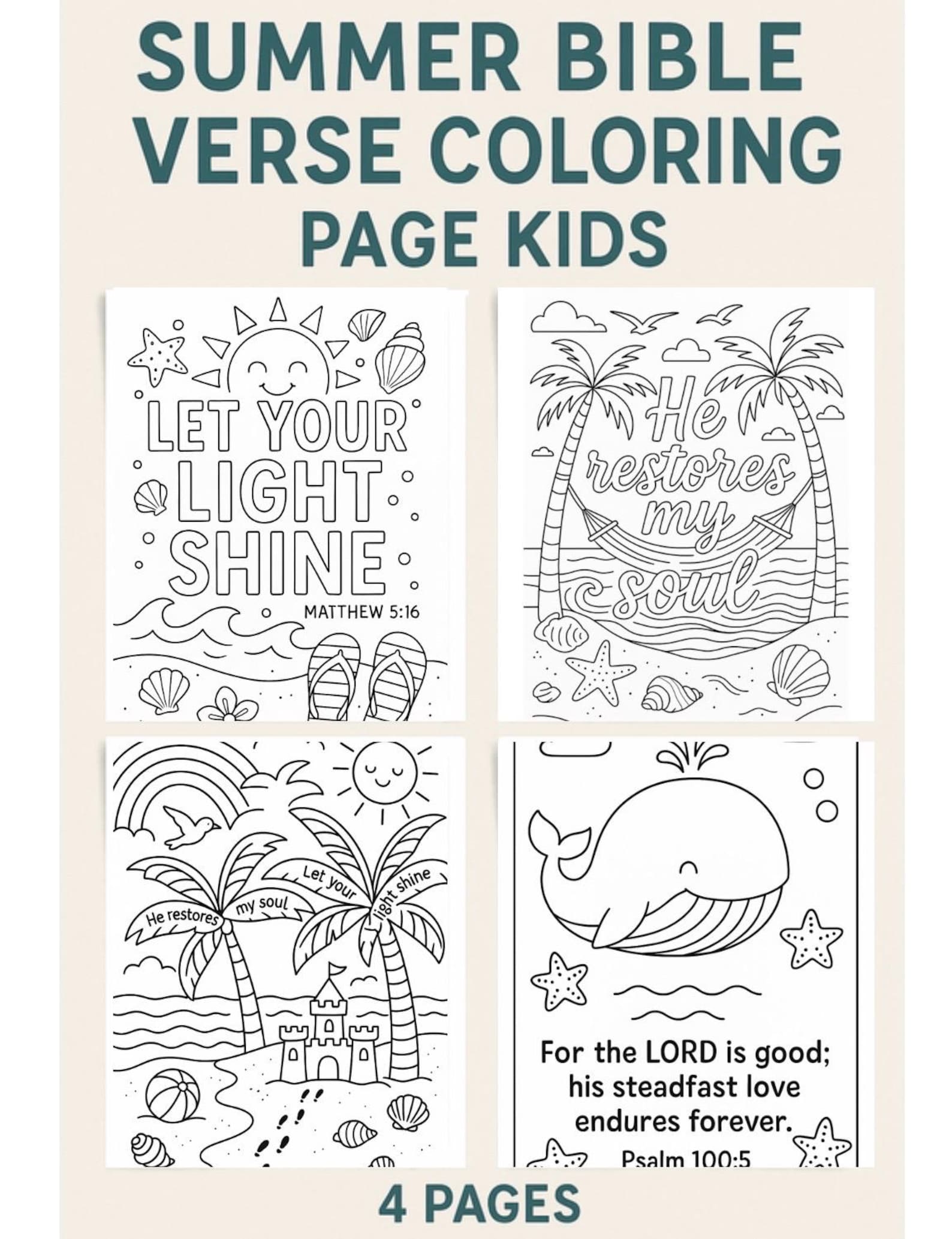 Set of 4 Summer Bible Verse Coloring Pages for Kids, Faith-based ...