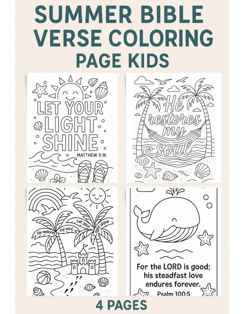 Set of 4 Summer Bible Verse Coloring Pages for Kids, Faith-based ...