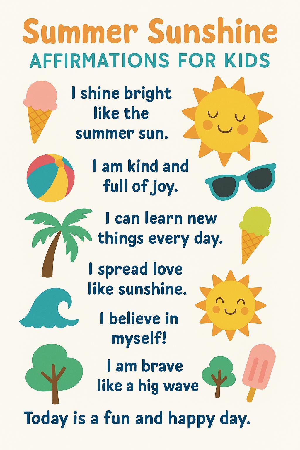 Summer Affirmations for Kids – Printable Positive Mindset Poster ...