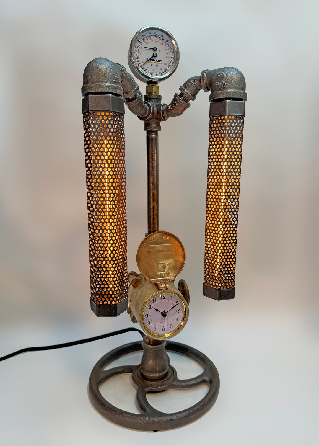 25 Industrial Pipe Water Meter Lamp With Clock, 20W USB-C, AC Outlet ...