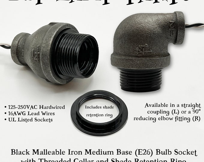 Black Iron Medium Base E26 Bulb Socket With Threaded Collar and Shade ...