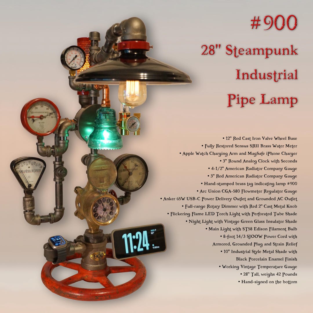 28 Steampunk Industrial Pipe Table Lamp W/ Time, Temperature, Power ...