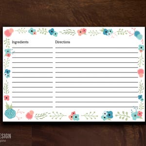 Illustrated Flowers Recipe Card 4 X 6 Digital Download | Recipe Card ...