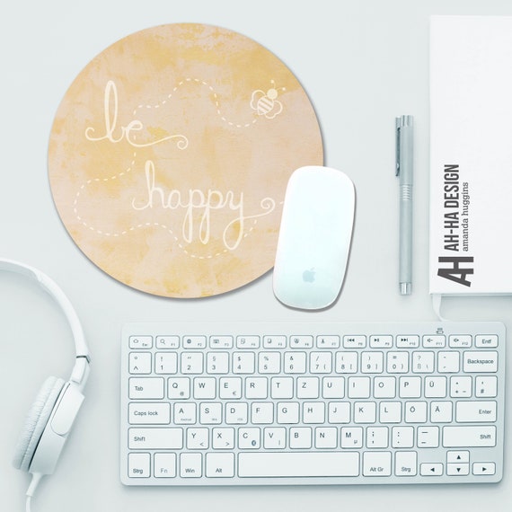 Yellow Be Happy Hand Lettering Round Mousepad Yellow and - Etsy