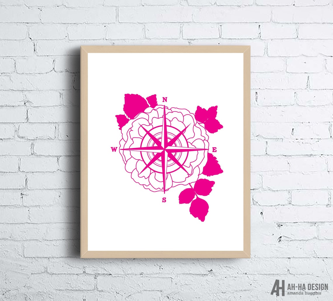 Flower Compass Magenta Printable Wall Art Floral Compass | Etsy