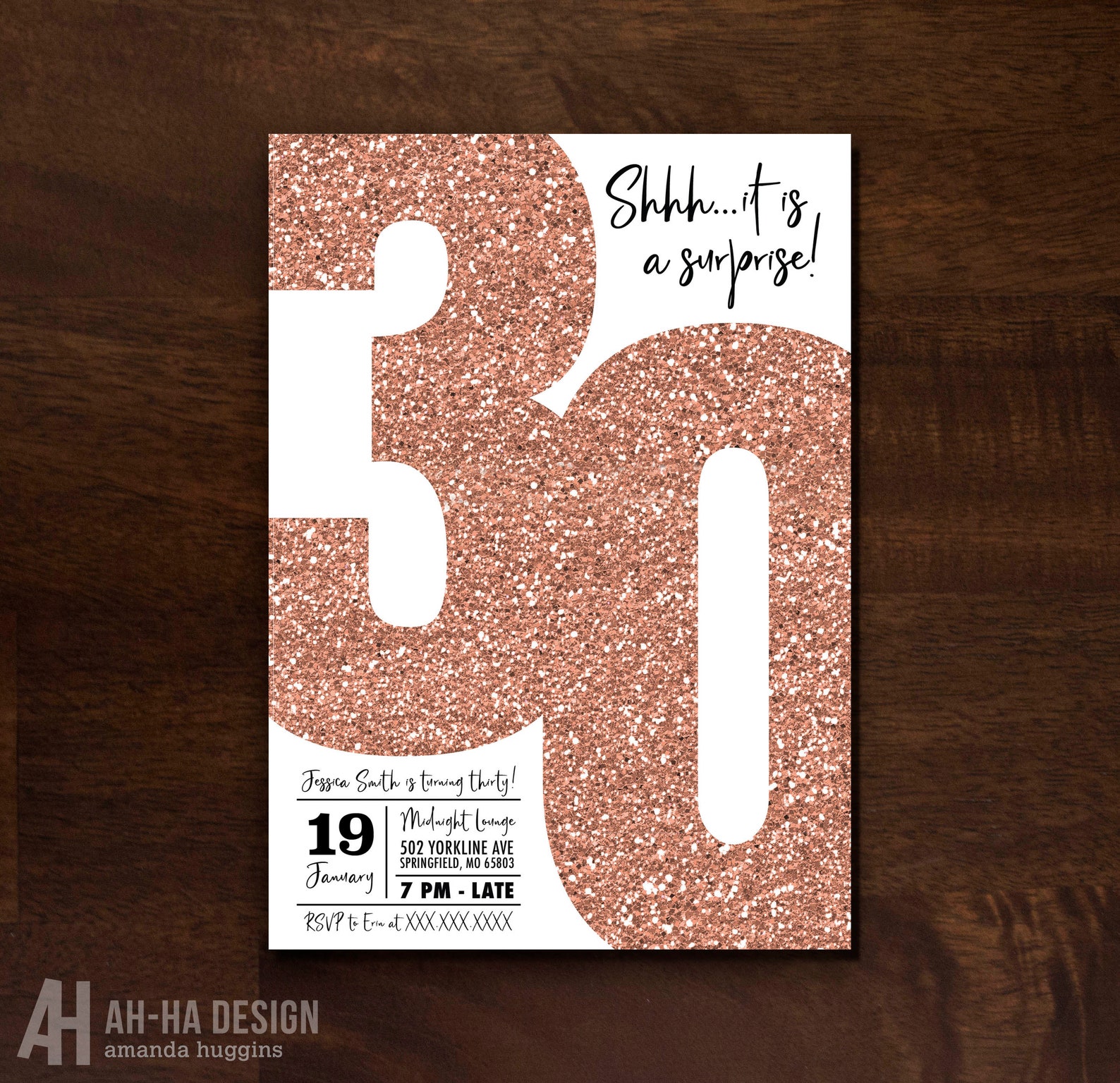 Modern 30th Birthday Black And Rose Gold Printable Invitation Etsy