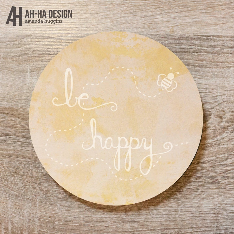 Yellow Be Happy Hand Lettering Round Mousepad Yellow and - Etsy