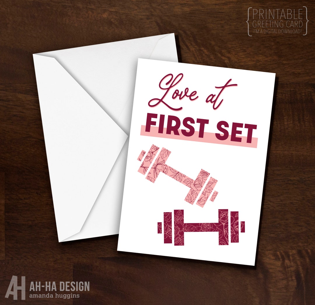 Love at First Set Pink Floral Dumbbell Printable Greeting Card - Etsy