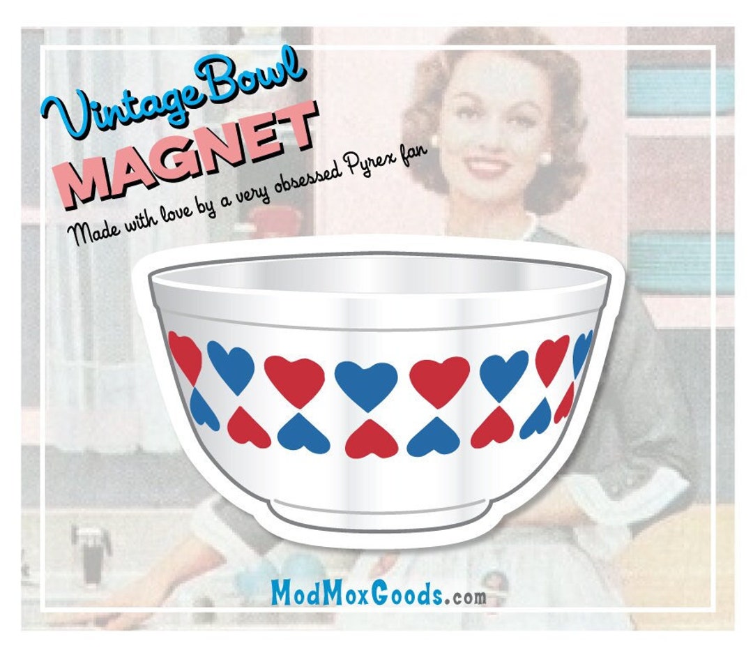 MAGNET Pyrex Red & Blue HEARTS Bowl 2.5in Wide Vintage Pyrex Theme ...