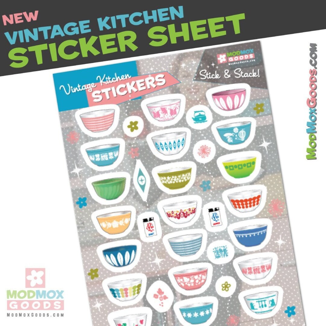Vintage Kitchen Sticker Sheet: Retro Bowls, Pyrex, Jadeite (5x7) - Etsy