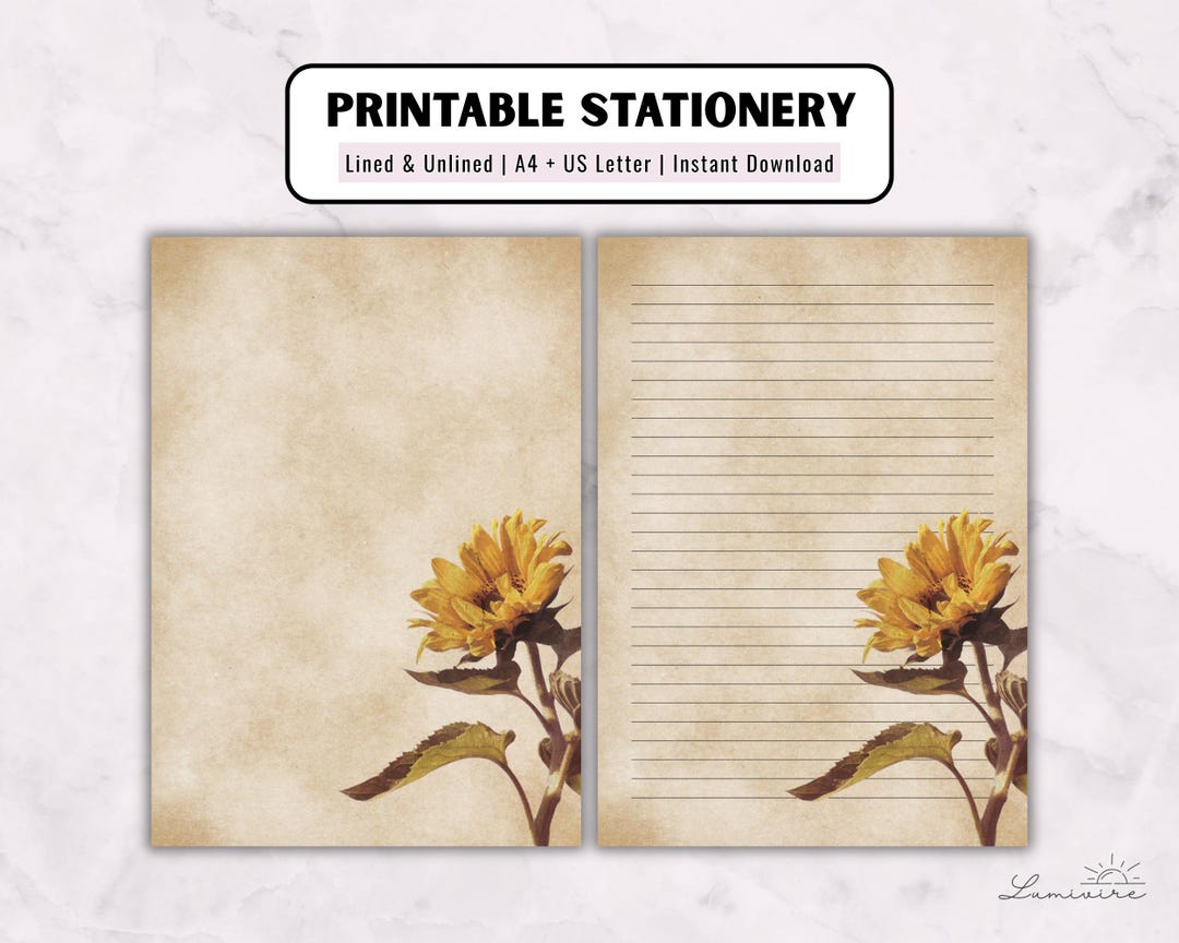 Printable Lined Writing Paper | Vintage Sunflower Stationery | Rustic ...