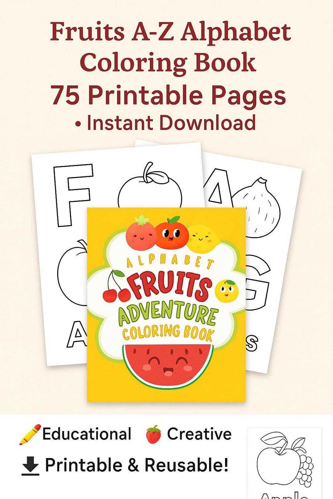 Fruits A-Z Alphabet Coloring Book – Printable ABC Activity for Kids - Etsy