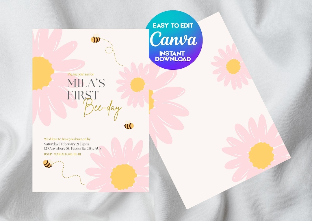 First Bee-day Birthday Invitation | Editable 1st Birthday Party Invite ...