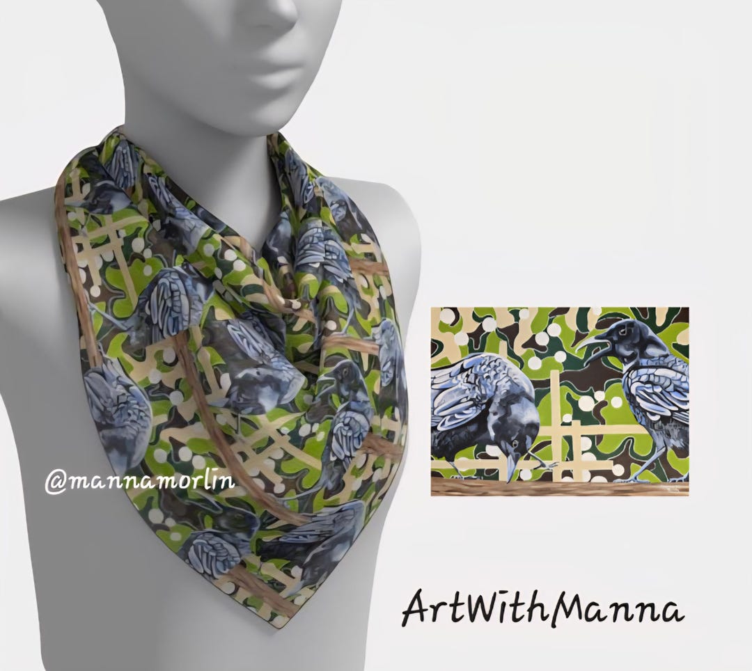 Crows Square Scarf in Silk or Polyester, Original Wearable Bird Art - Etsy