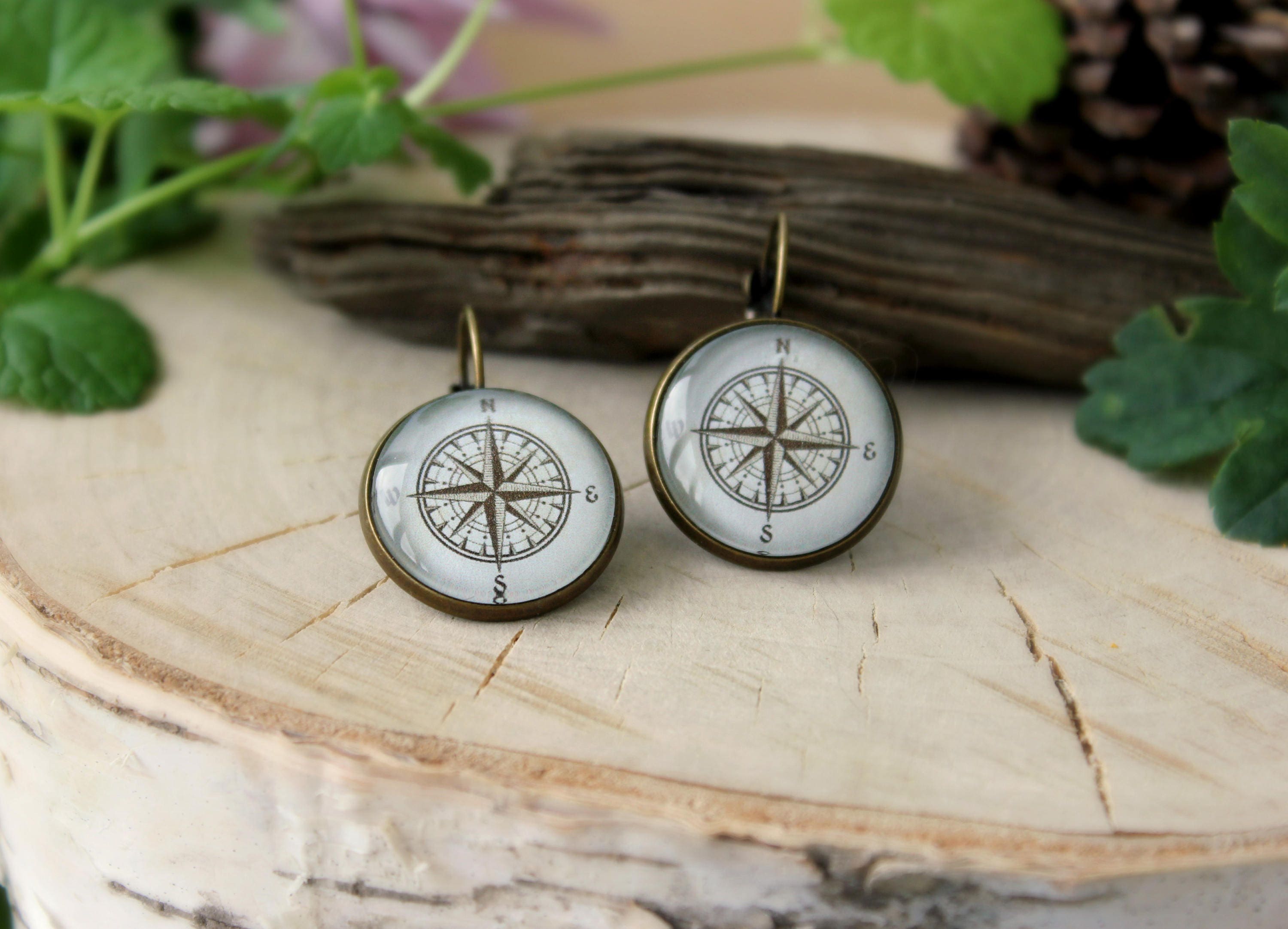 Vintage Compass Earrings Antique Bronze Earrings Compass | Etsy