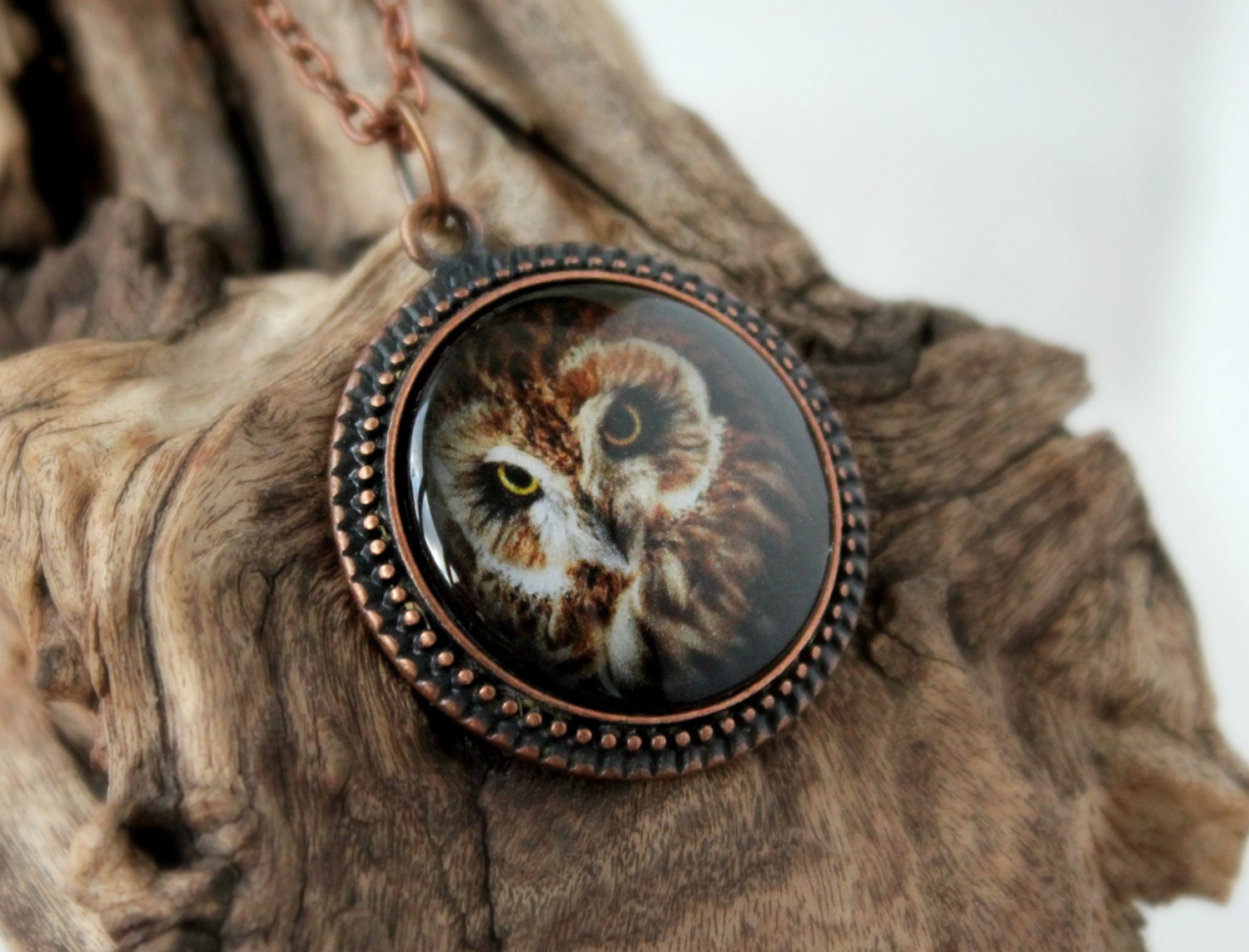 Owl Amulet, Antique Copper Pendant, Glass Cabochon Pendant With Chain ...