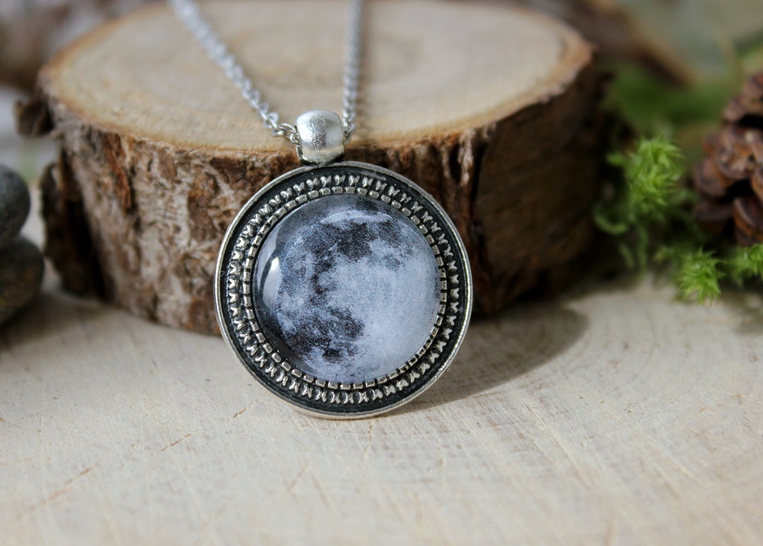 Full Moon Necklace | Full Moon Pendant | Silver Tone Pendant | Glass ...