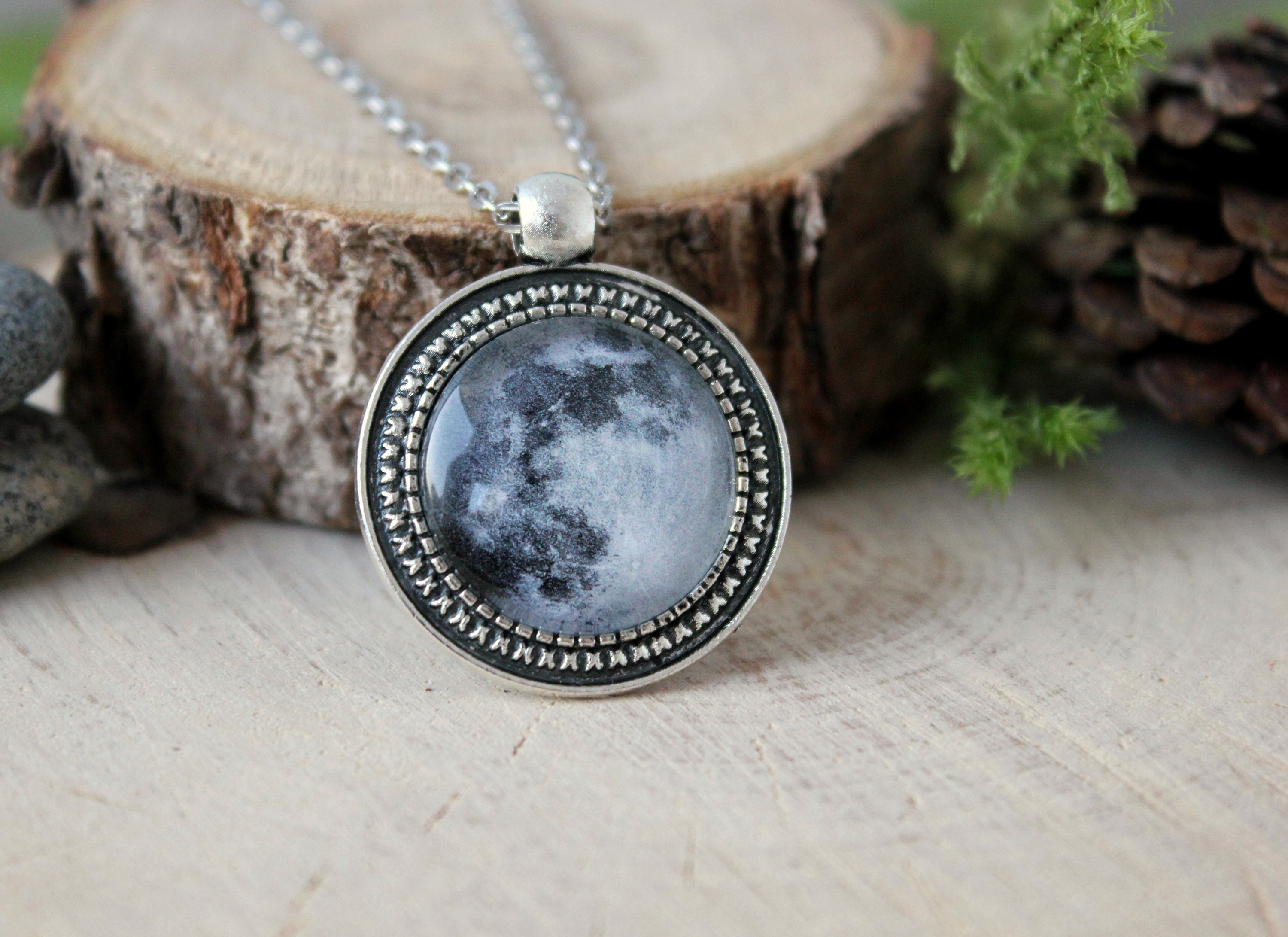 Full Moon Necklace Full Moon Pendant Silver Tone Pendant - Etsy