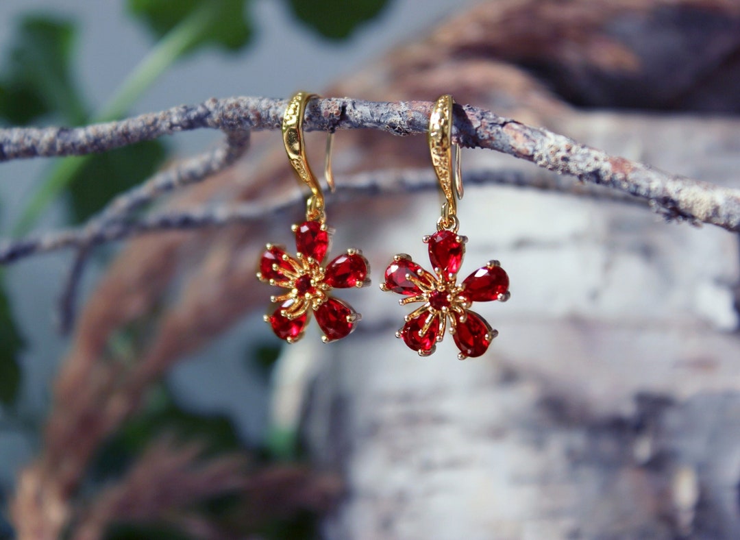 Ruby Flower Gold Earrings | Gold Dangle Earrings | Red Earrings ...